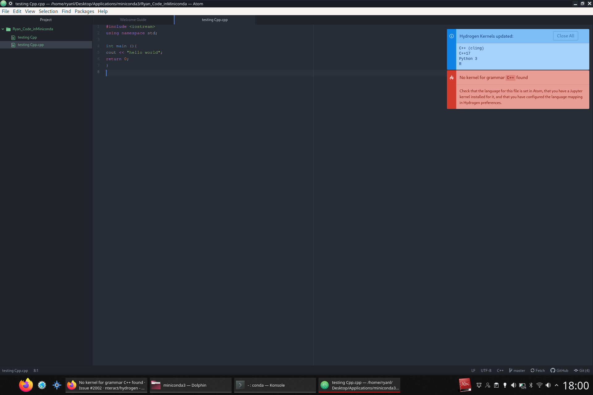 No kernel for grammar C++ found · Issue #2002 · nteract/hydrogen · GitHub