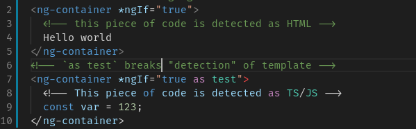 `as` syntax marks template as TS/JS instead of HTML · Issue #35424 · angular/angular · GitHub