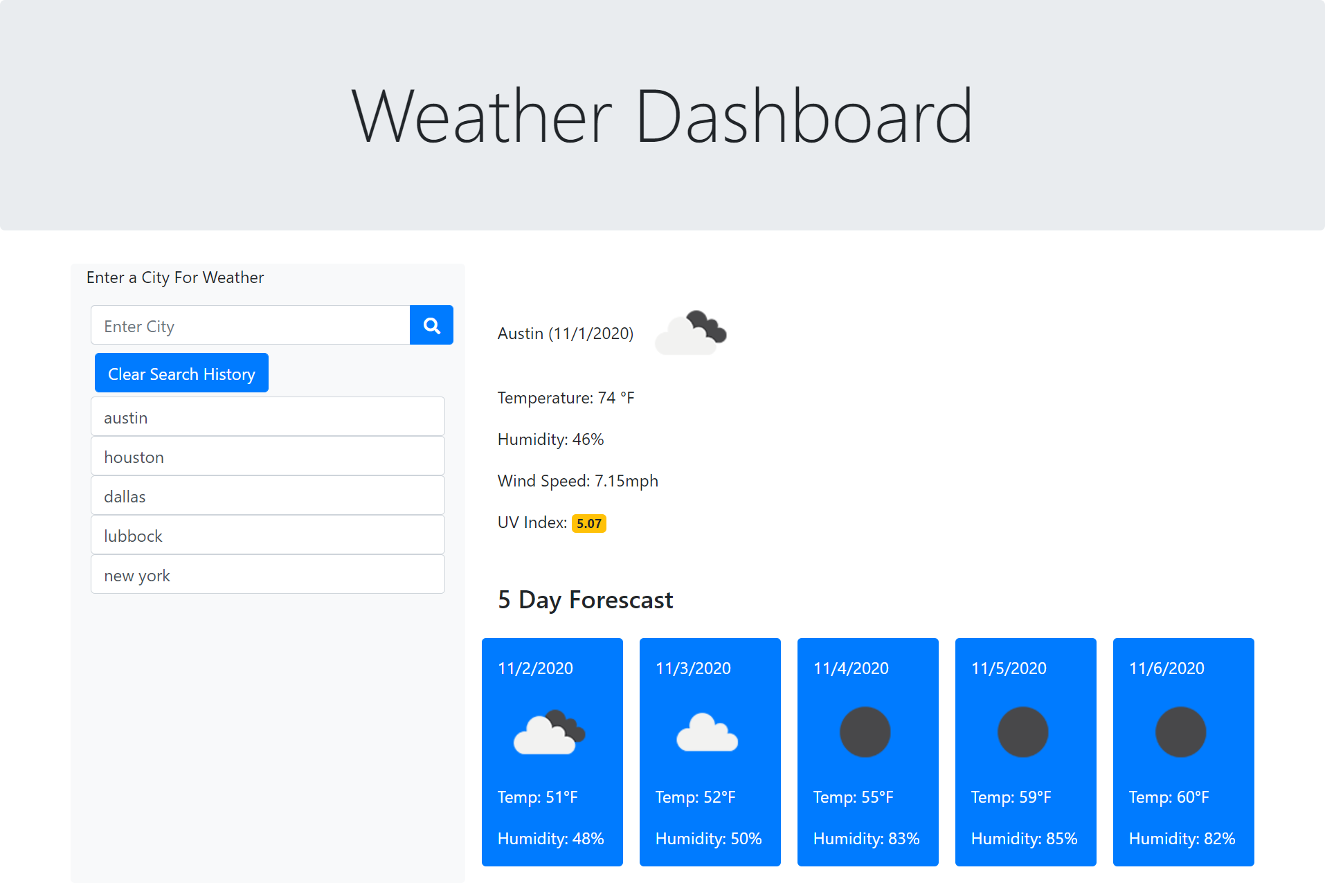 GitHub - peters0470/Weather-Dashboard: A website to give the user the ...