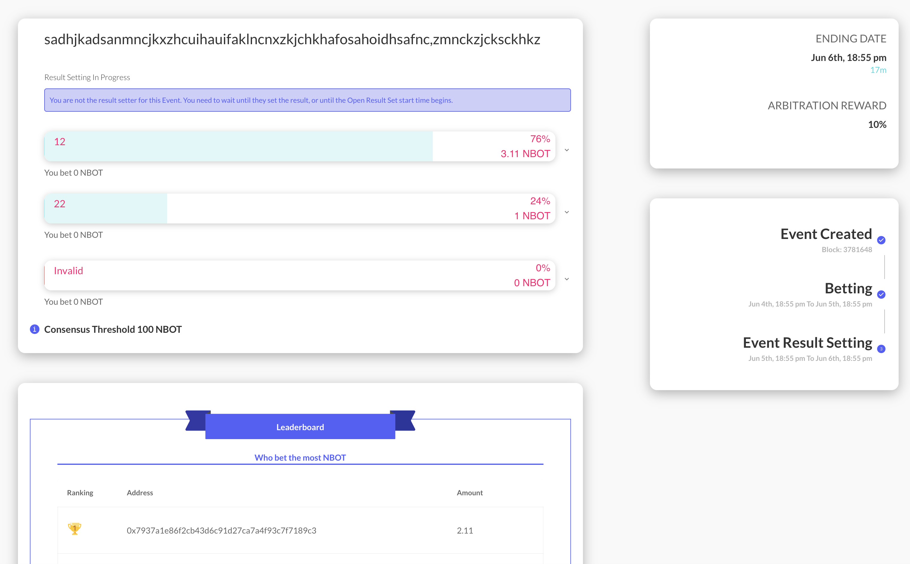 For events in arbitration page, we need to show "Coming soon" instead of "You are not the result ...