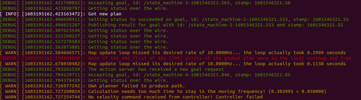 DWAPlanner fails to compute path: 'None of the 409 first of 409 (409) points of the global plan ...