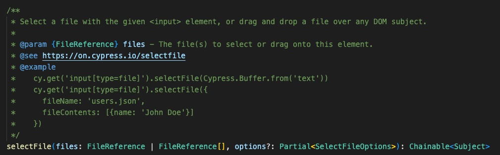 selectFile cypress.d.ts example is outdated · Issue #23868 · cypress-io/cypress · GitHub