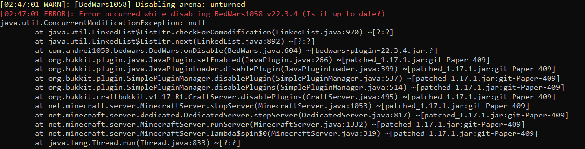 Unknown error shutting down server/plugin. · Issue #457 · andrei1058/BedWars1058 · GitHub