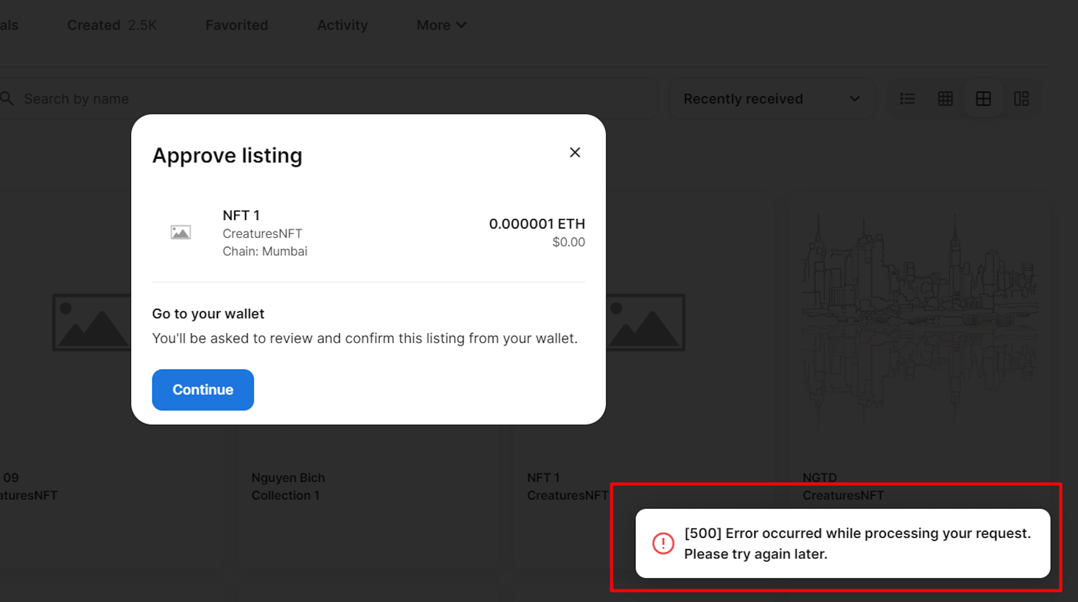 Error 500 when listing · Issue #1264 · ProjectOpenSea/opensea-js · GitHub