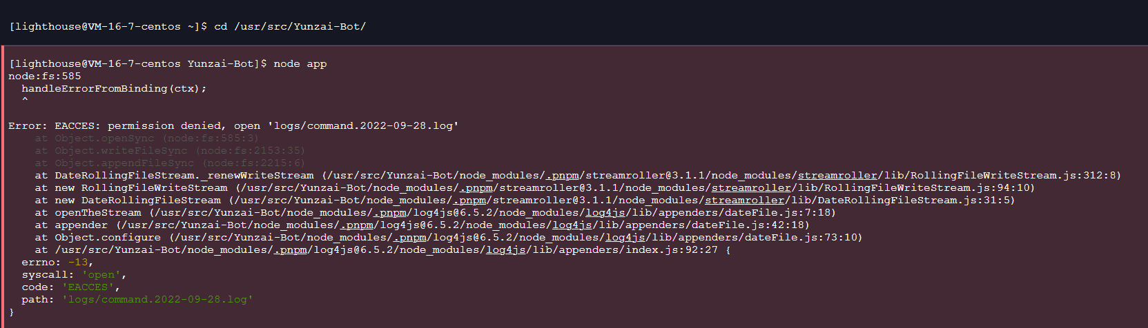 云崽启动报没有权限打开日志 · Issue #649 · Le-niao/Yunzai-Bot · GitHub
