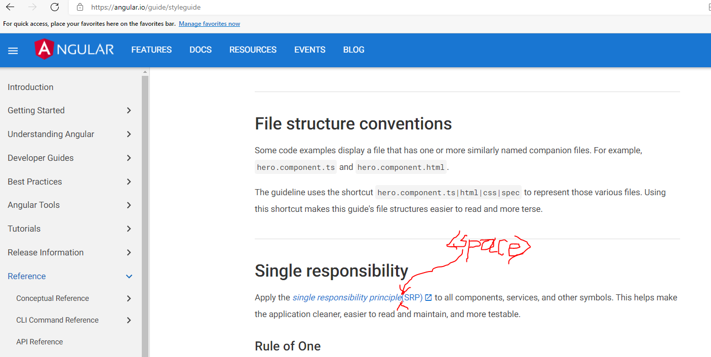 At/in https://angular.io/guide/styleguide, replace "principle(SRP)" with "principle (SRP ...