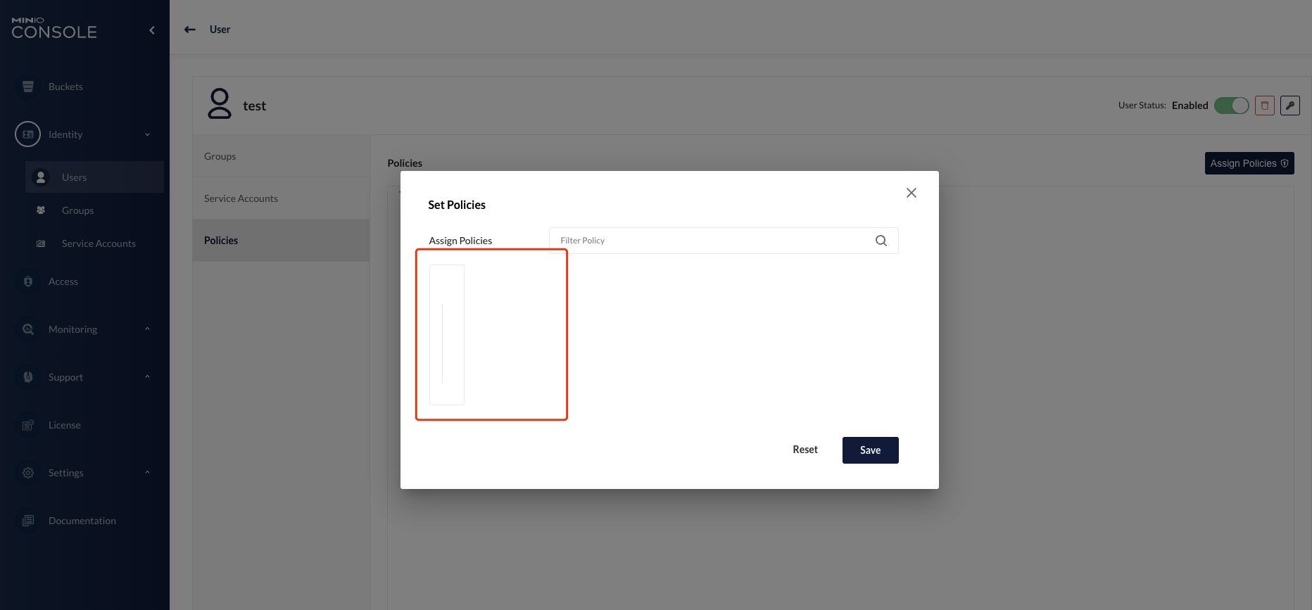 cannot assign policy to user on console board. · Issue #1837 · minio/console · GitHub