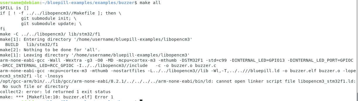 when compiling buzzer.c - can't find the libopencm3_stm32f1.ld: No such file or directory ...