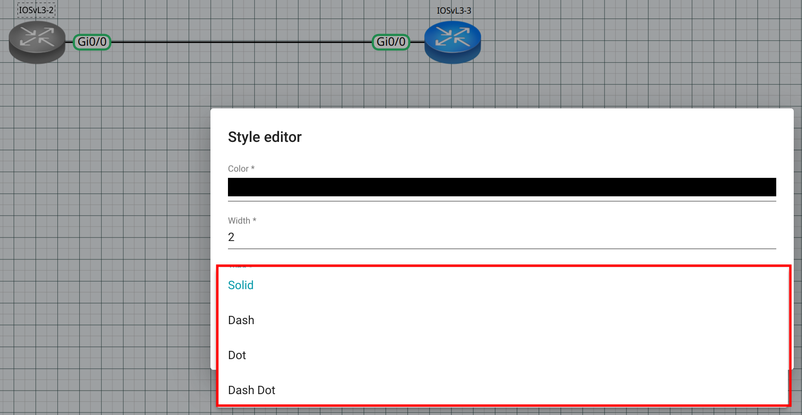 Missing border style options dash dot dot and invisible for links between devices GNS3 web-ui 3. ...