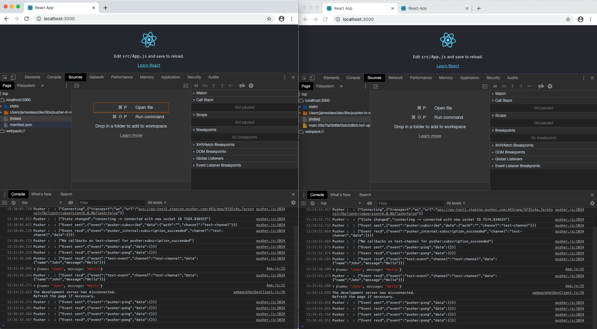 Pusher not connecting when 2 different apps are open on the different ...