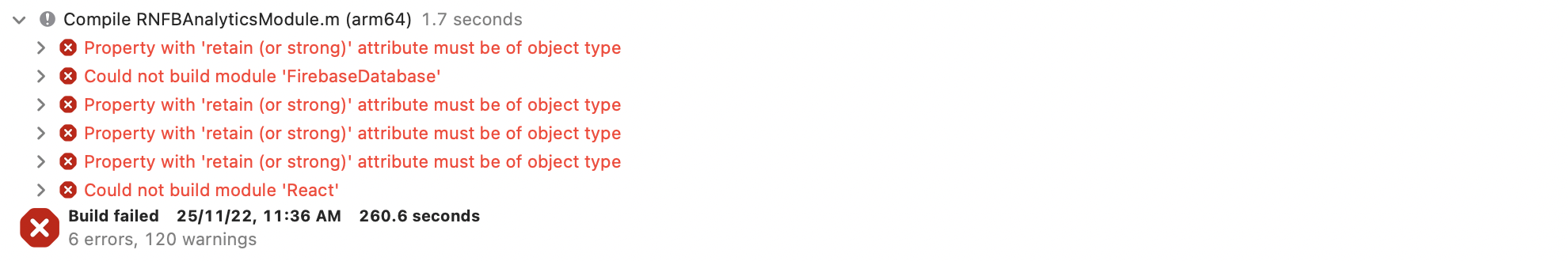 Getting building error "property with 'retain (or strong)' attribute must be of object type ...