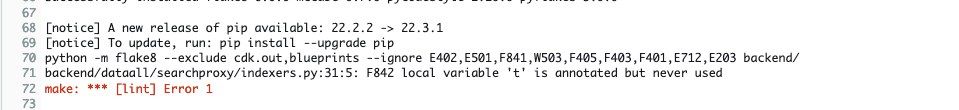 Lint issue - F842 local variable 't' is annotated but never used ...
