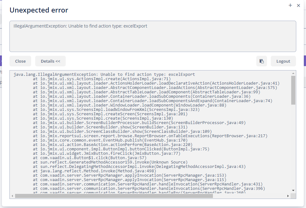 IllegalArgumentException: Unable to find action type: excelExport · Issue #34 · jmix-projects ...