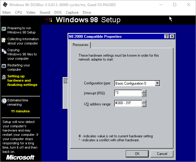 Are these the recommended settings? Or do I have to change these? I’m following the Windows 98 ...