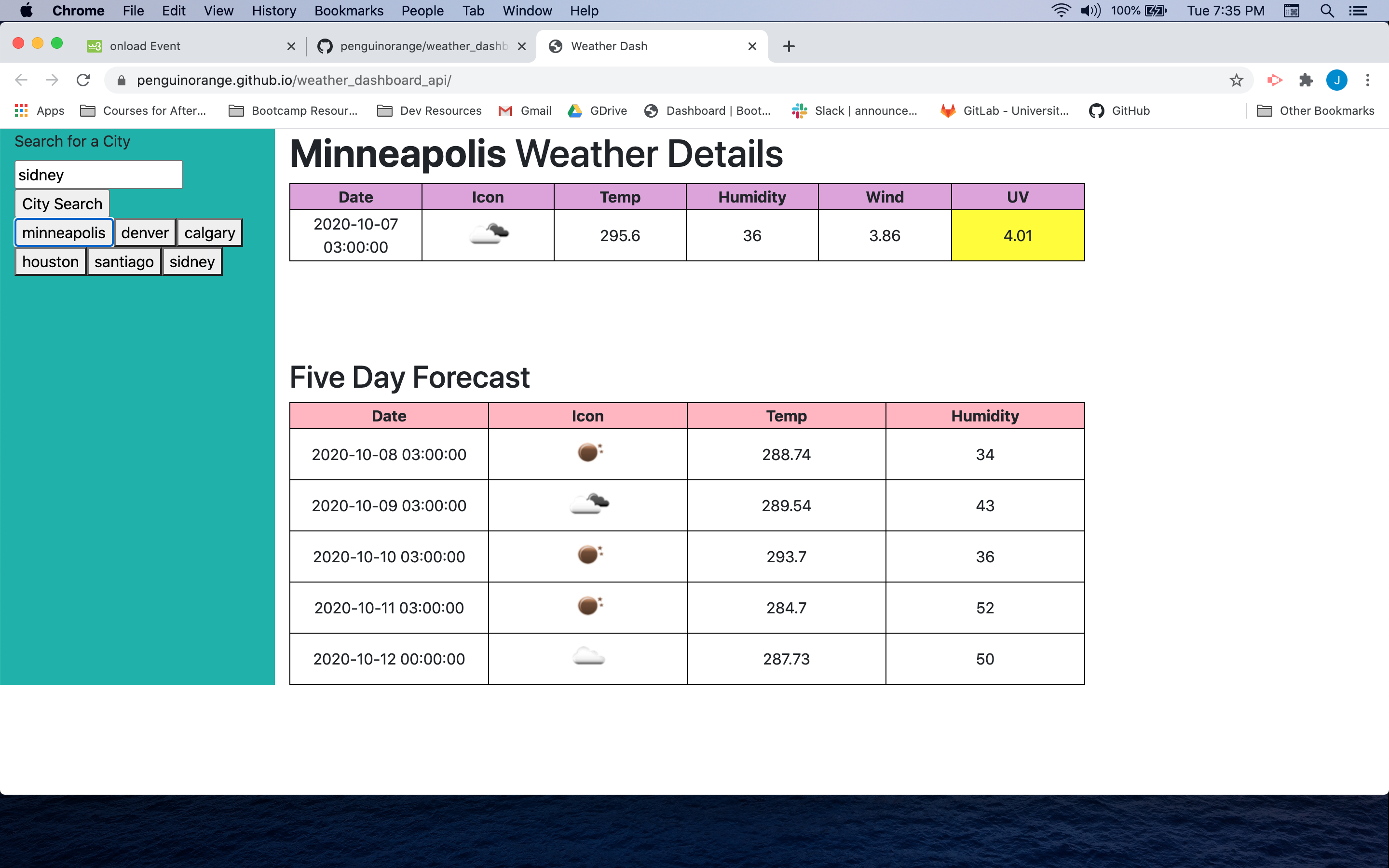 Github Penguinorange Weather Dashboard Api Browser Based Weather