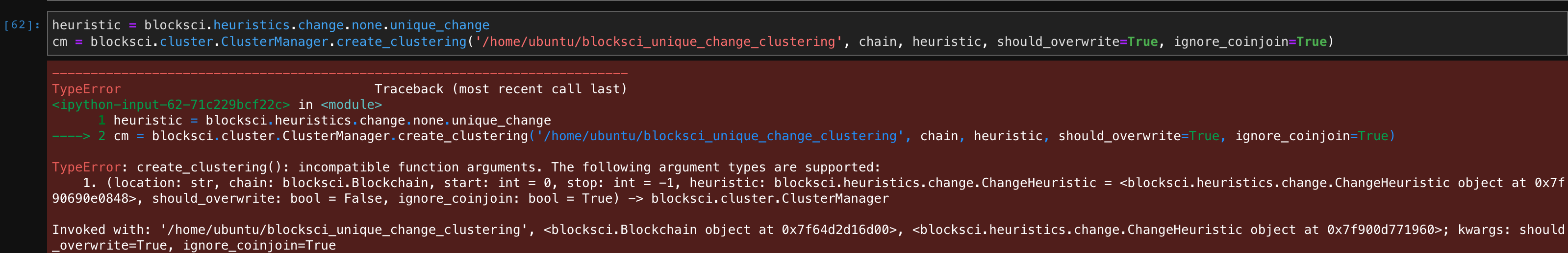 Clustering with change.none.unique_change raises TypeError Pythonm ...