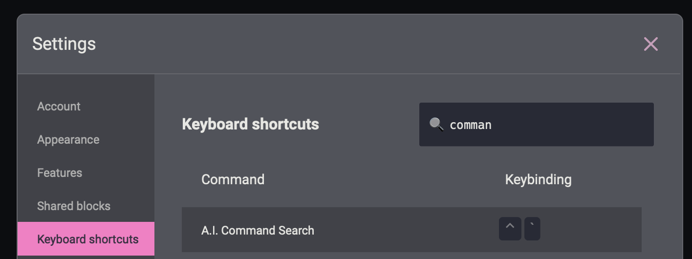 Wrong shortcut displayed for A. I. Command Search · Issue #1750 · warpdotdev/Warp · GitHub