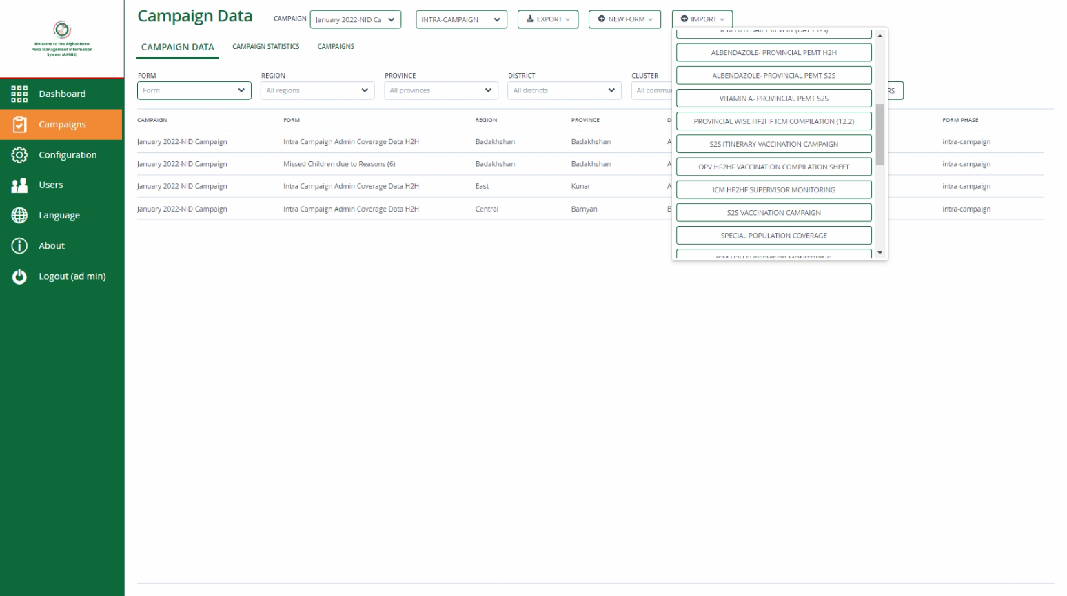 Import dropdown does not work on main server- no action on click of any of the forms (works on ...