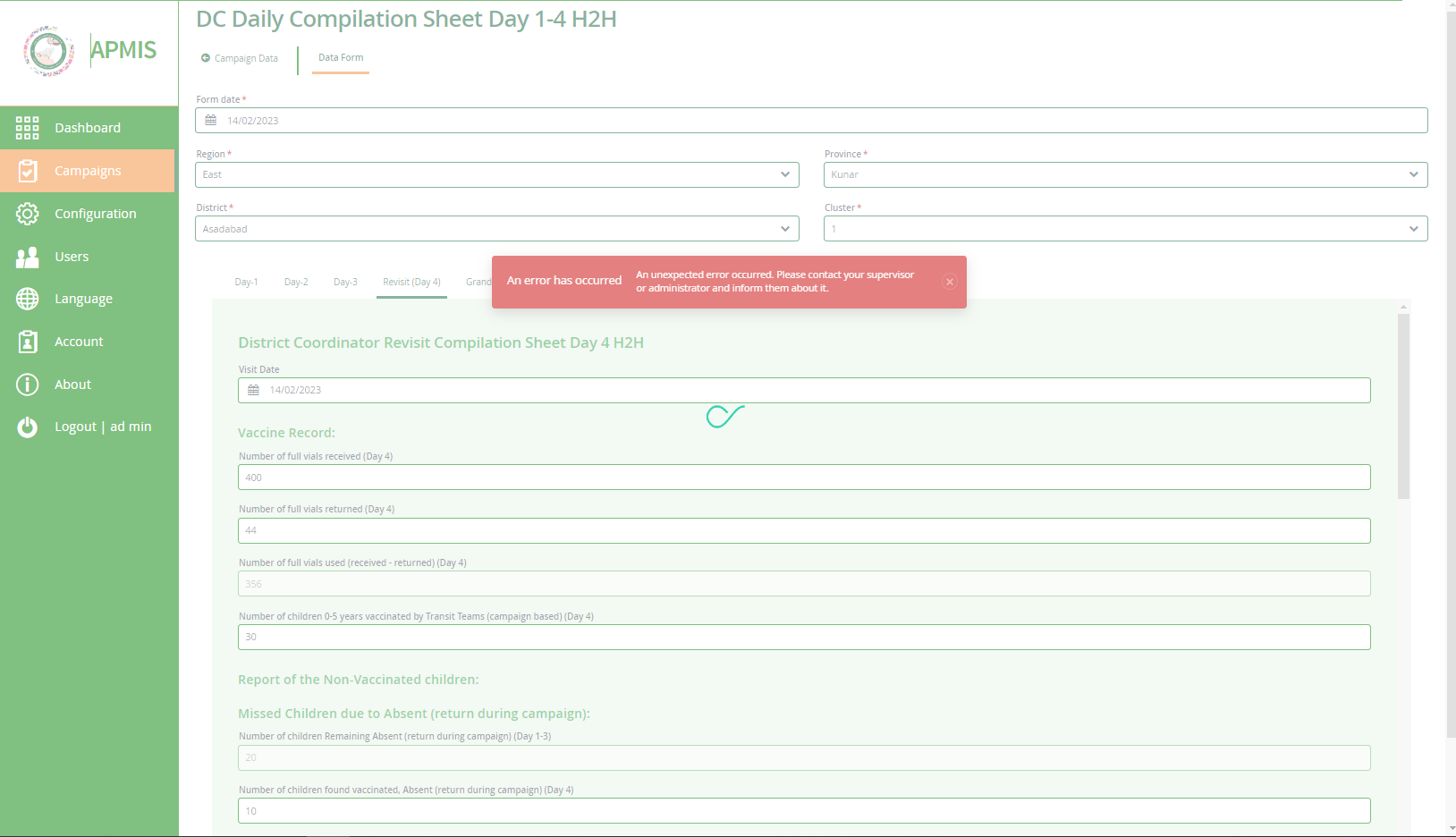 Day 4 Revisit Admin District Coordinator Daywise Entry Buffer Lag and page crash · Issue #339 ...