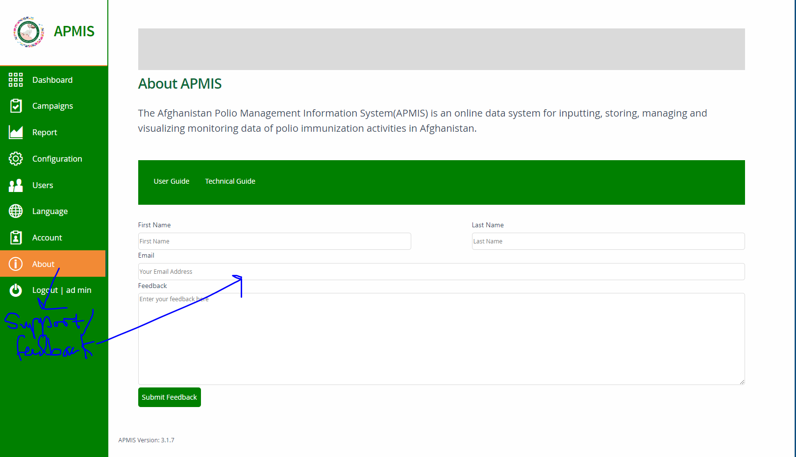 Add a “Support” option on the left side menu · Issue #396 · AFG-Polio-Data/APMIS-Project · GitHub
