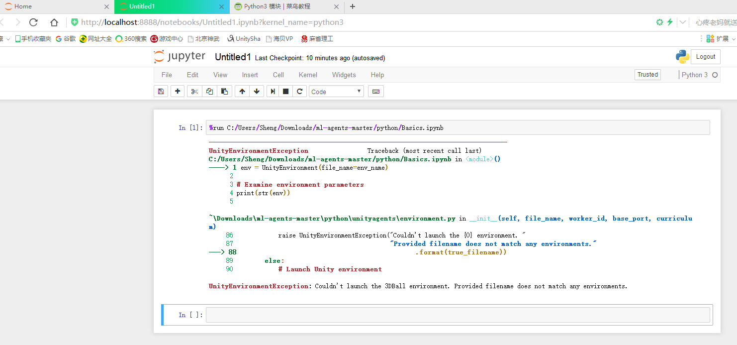 UnityEnvironmentException: Couldn't launch the 3DBall environment. Provided filename does not ...