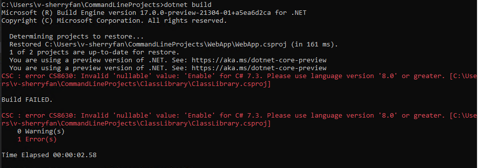 Create a ClassLibrary project in command-line, then execute "dotnet build" failed with error ...