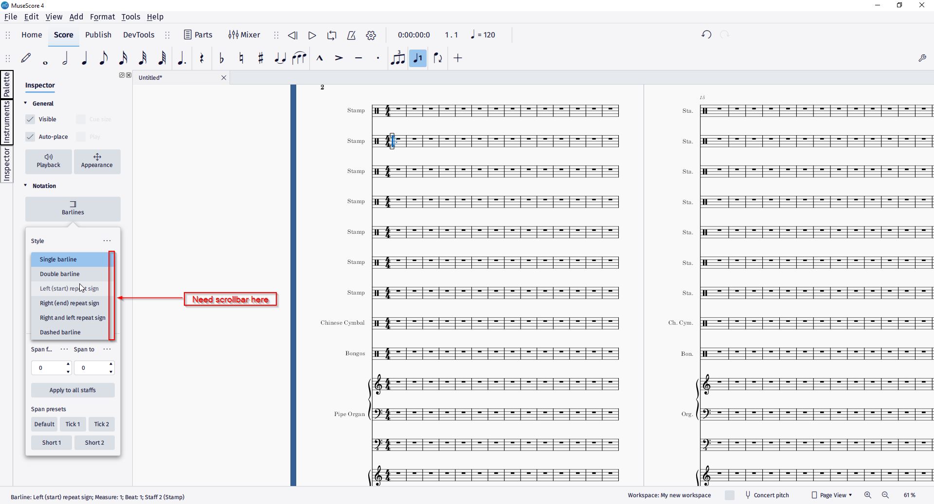 [MU4 Issue] The "Single barline" dropdown (under "Style") has no scrollbar when you open it ...