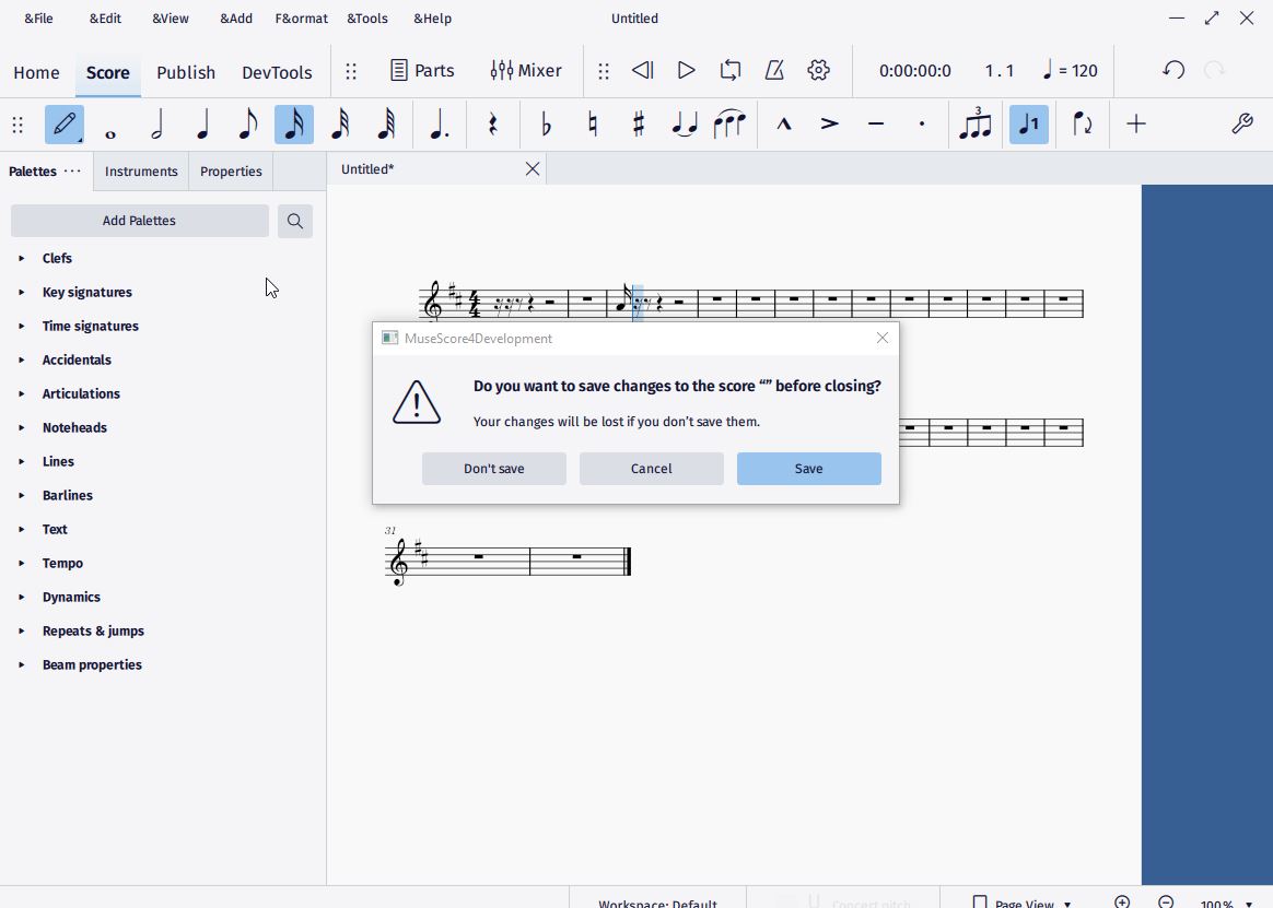 [MU4 Issue] If there are unsaved changes in the score, a pop-up shows a message where score ...
