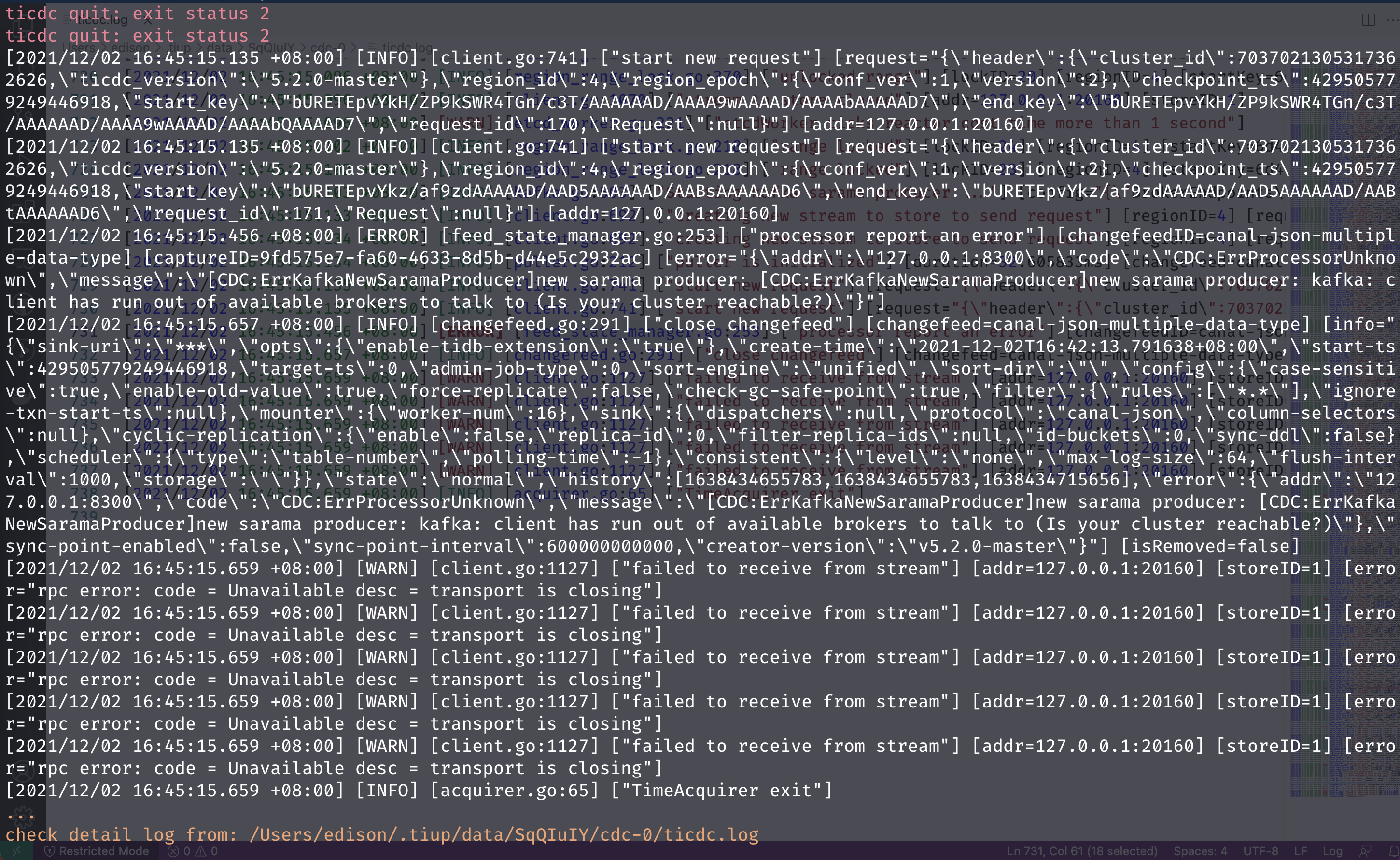 ticdc quit: exit status 2 · Issue #3706 · pingcap/tiflow · GitHub