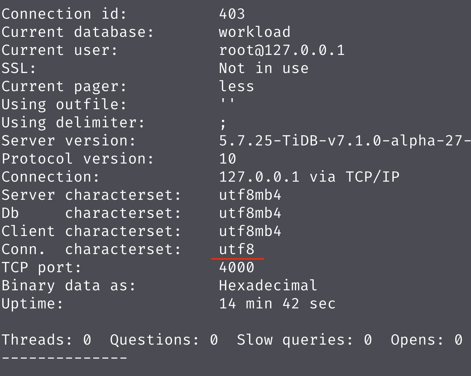Swtich Charset Log Does Not Match The Status Output And Ddl Execution Result · Issue 42522 
