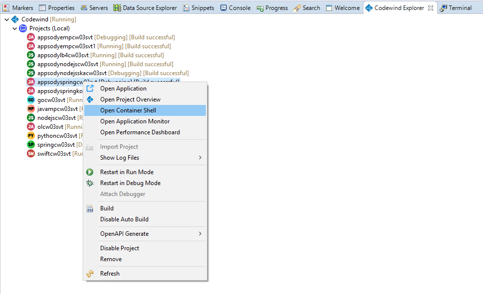 SVT:Open container shell does not work for some of appsody projects started in debug mode ...