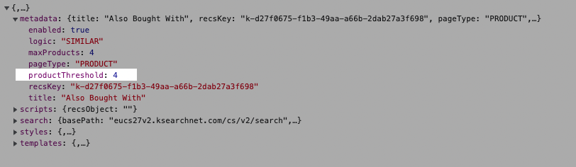 Recommendation metadata.productThreshold setting is not being respected ...