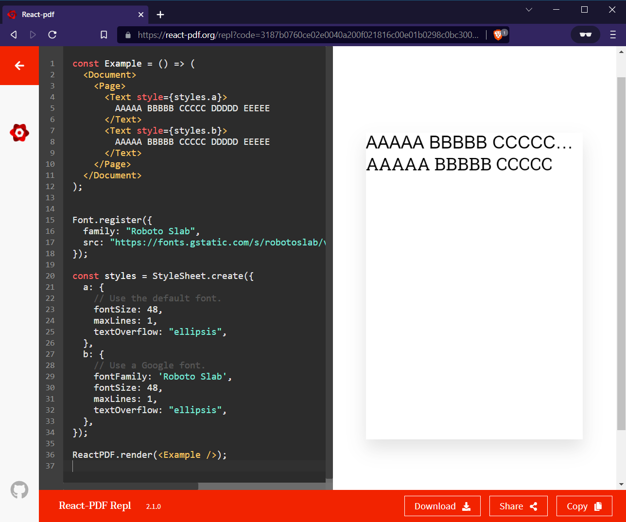 Ellipses appear with some fonts, but not others · Issue #1749 · diegomura/react-pdf · GitHub