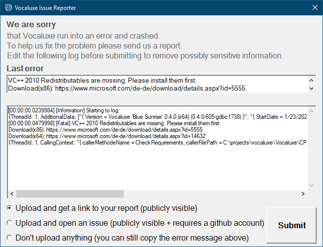 Error dialog advises user to install a VC++ redistributable that ...