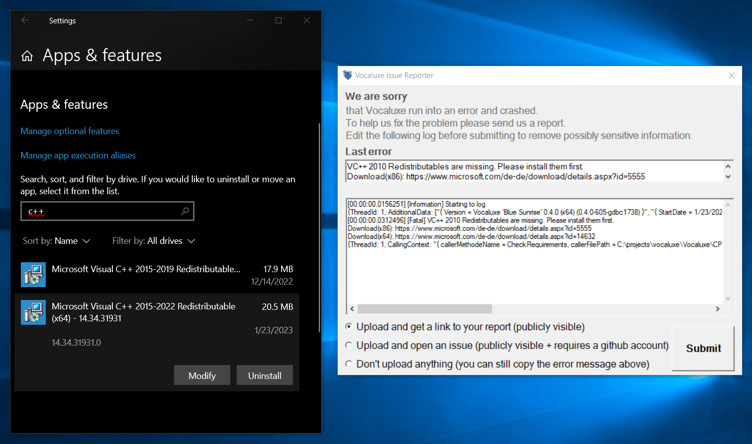 Error dialog advises user to install a VC++ redistributable that ...