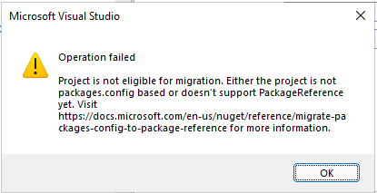 [Bug]: No warning shows when opening the PackageReference Migrator of an unsupported project ...