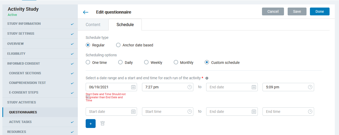 [SB] Questionnaires/Active task > Custom schedule > Use proper text case for the error messages ...