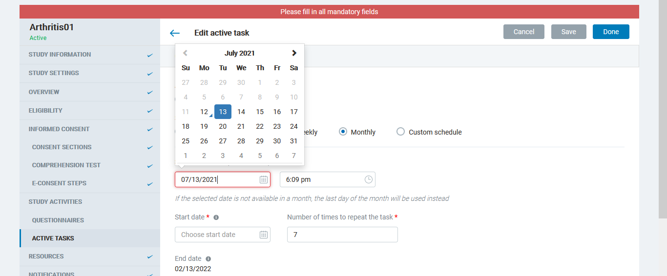 [SB] Questionnaires/Active task > Regular > Monthly frequency > Getting error message when admin ...