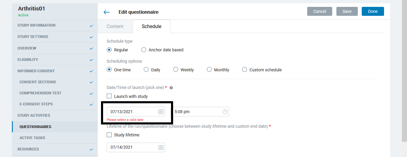 [SB] Questionnaires/Active task > Schedule tab > Regular > One time > Error message should not ...