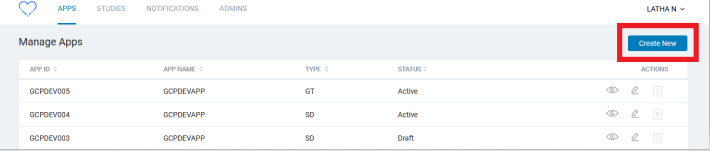 [SB] [Manage apps] UI > Apps list screen > 'Create New' button label should be changed to ...
