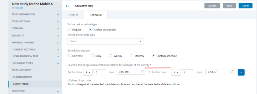 [SB] Add/edit study > Questionnaires/active tasks > Schedule tab > 'Custom' scheduling option ...