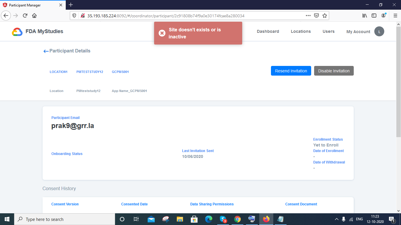 Participant details page > Not able to Resend Invitation to the participant : Getting error ...