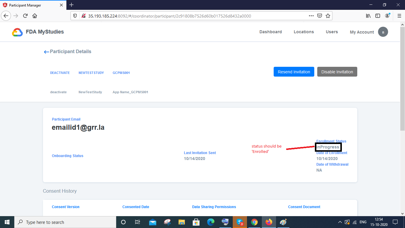 Participant details page > Enrollment status is displaying as ...