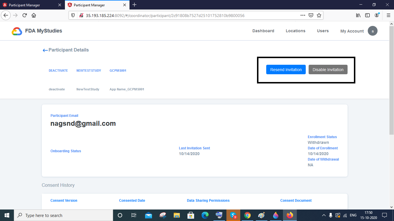 Participant details page > Send /Resend/Disable/Enable invitation ...