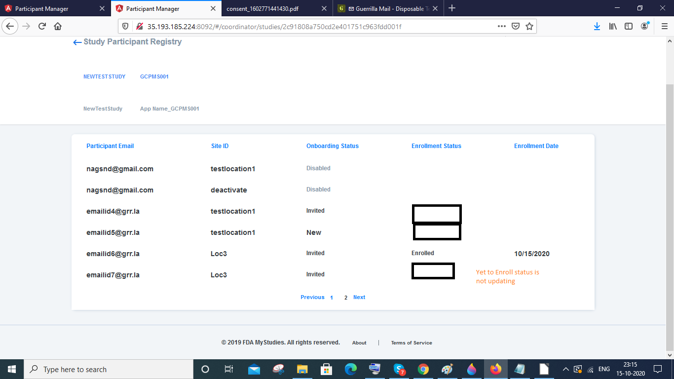 Yet to Enroll status of the participant is not updating in the Study Participant Registry page ...