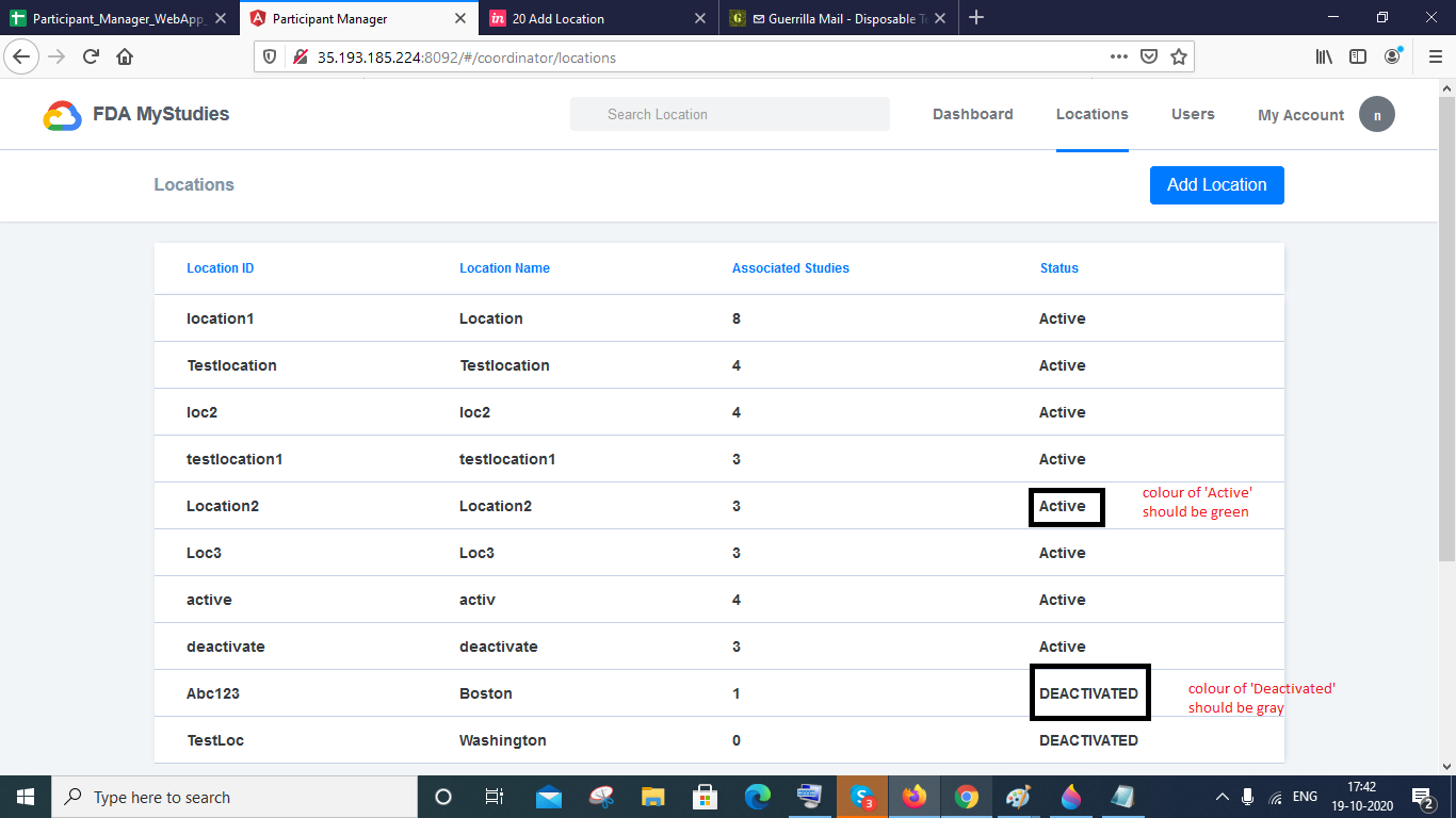 Locations >'Status' column > colour of the 'Active' status should be ...