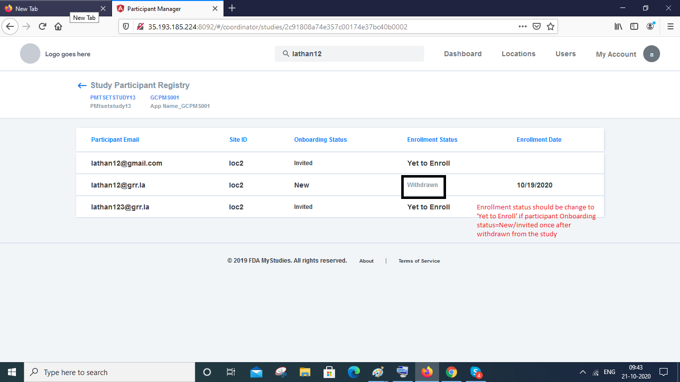 Study participant registry > Enrollment status is not changing to 'Yet to Enroll' if participant ...