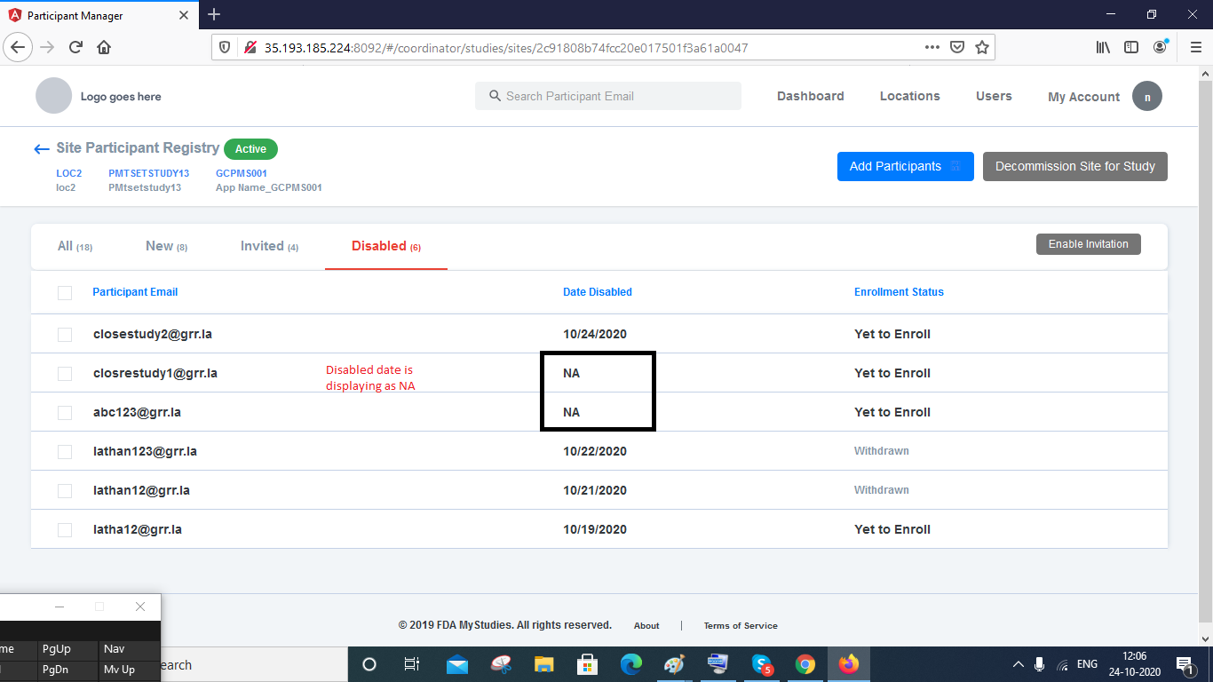 Disabled tab >Disabled date is displaying as NA when participants ...