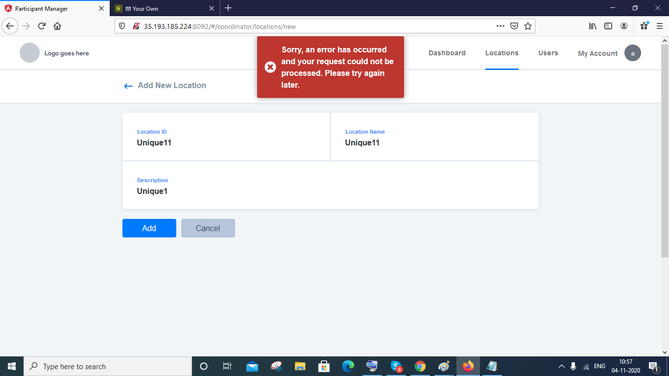 Add New Location page > Proper error message should be displayed when user enters the same ...
