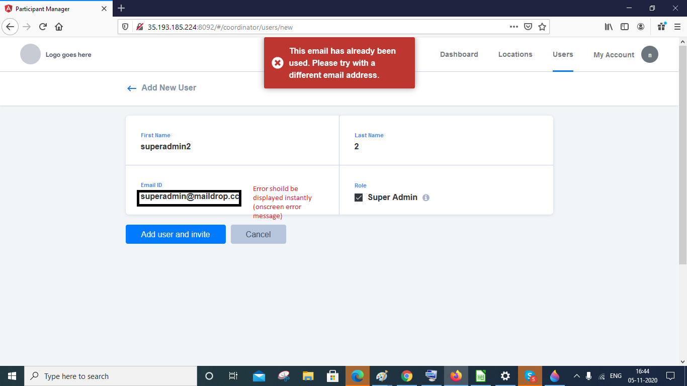 Users > Add new user >Error message should be displayed instantly if ...